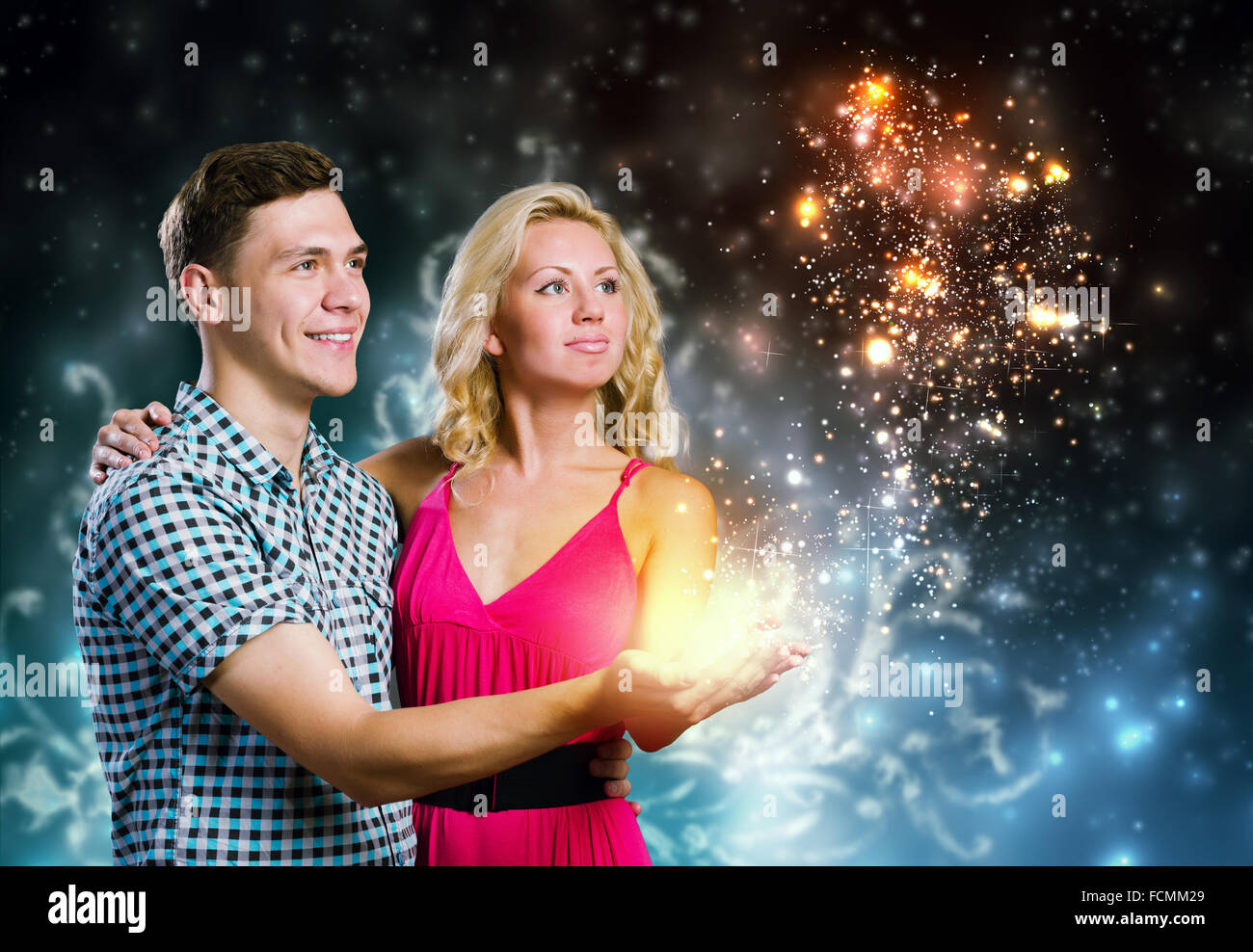 Young happy couple hugging each other and dreaming about future Stock ...