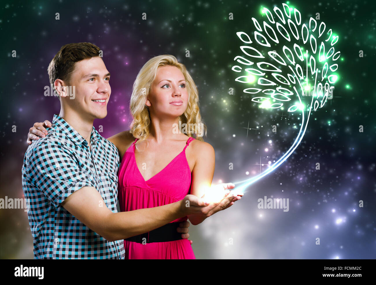 Young happy couple hugging each other and dreaming about future Stock ...