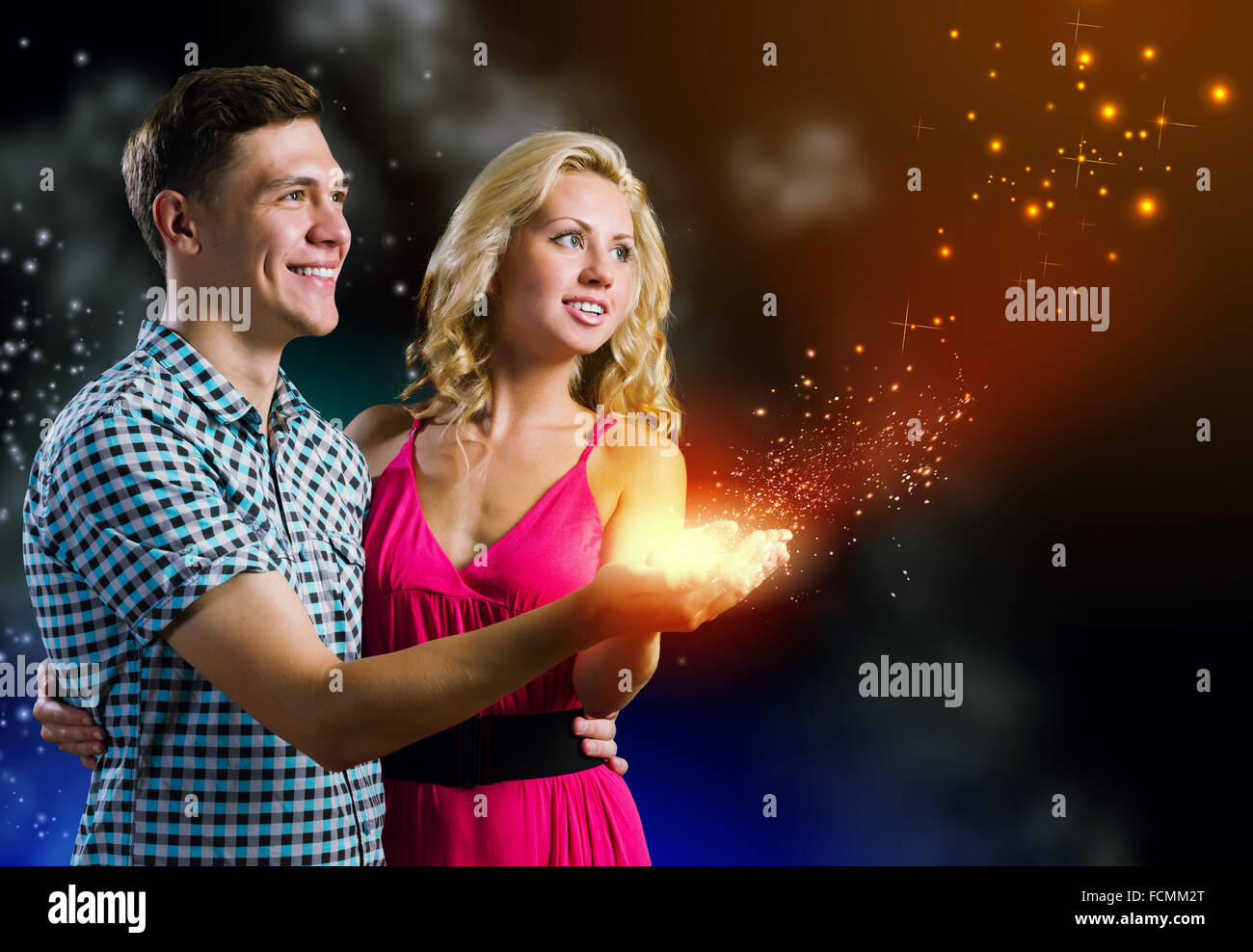 Young happy couple hugging each other and dreaming about future Stock ...