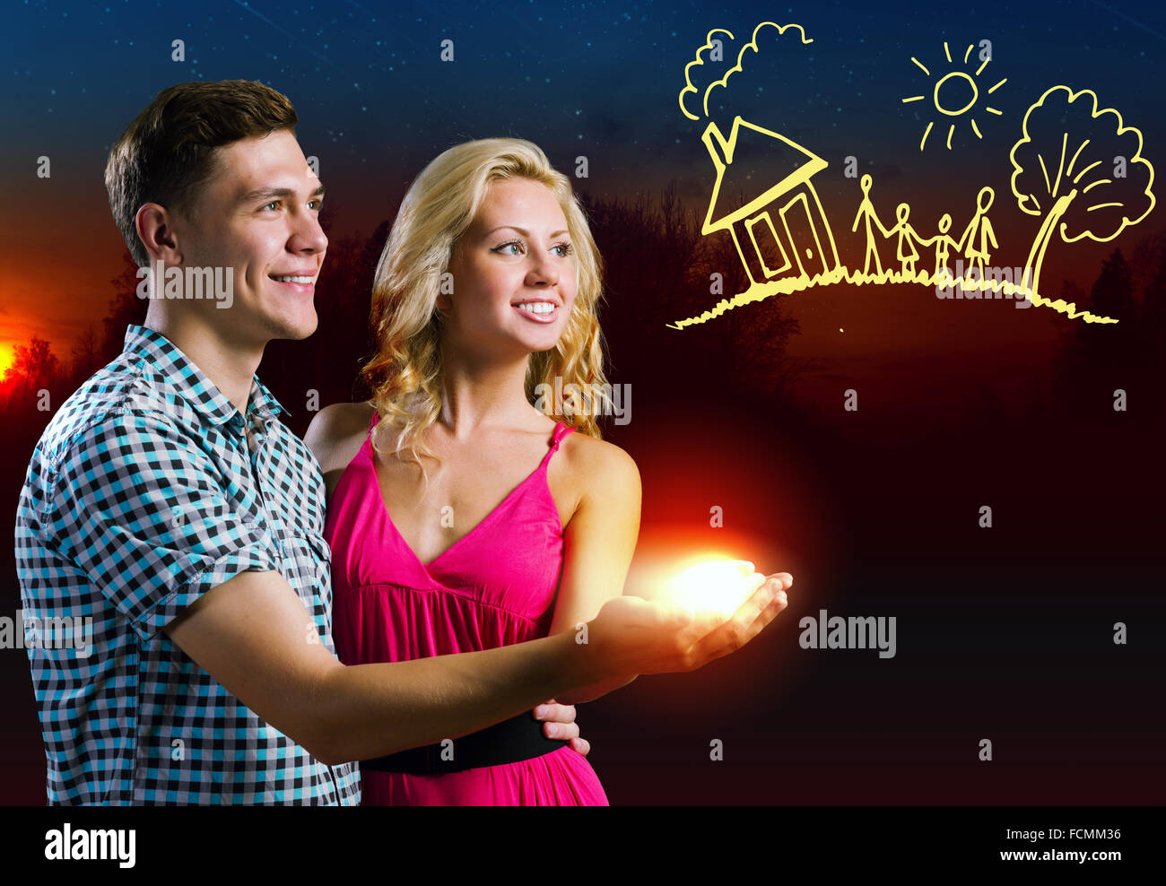 Young happy couple hugging each other and dreaming about future Stock ...