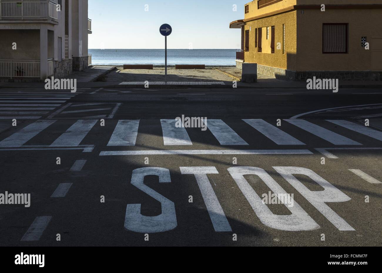 A traffic sign view in Playa Lisa beach, Alicante, Spain Stock Photo ...