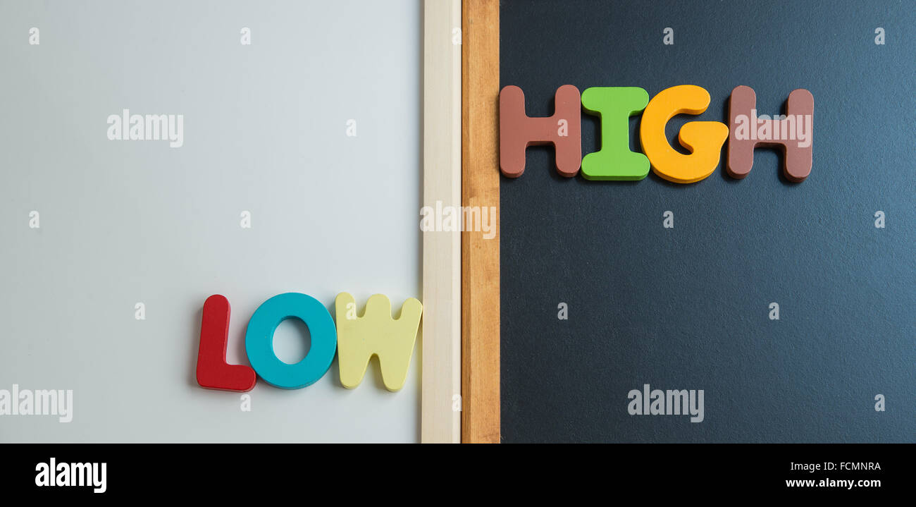 Wooden word LOW and HIGH on black board and white board Stock Photo - Alamy