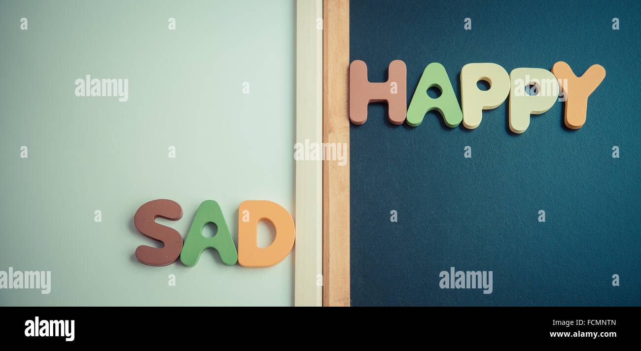 Wooden word SAD and HAPPY on black board and white board in Vintage ...