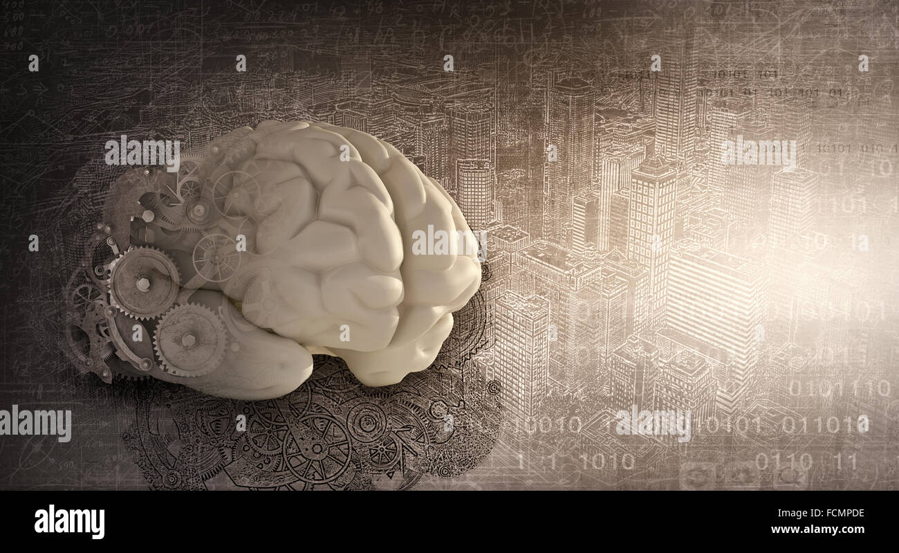 Model of human brain and cogwheel mechanism Stock Photo - Alamy