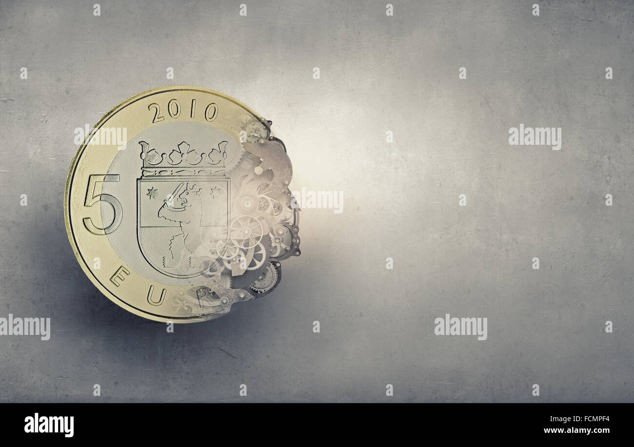 Euro 5 coin and cogwheels on digital background Stock Photo - Alamy