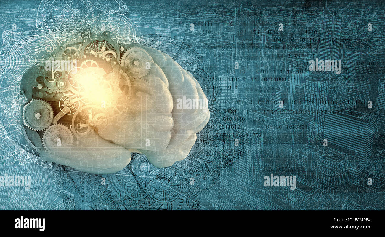 Model of human brain and cogwheel mechanism Stock Photo - Alamy