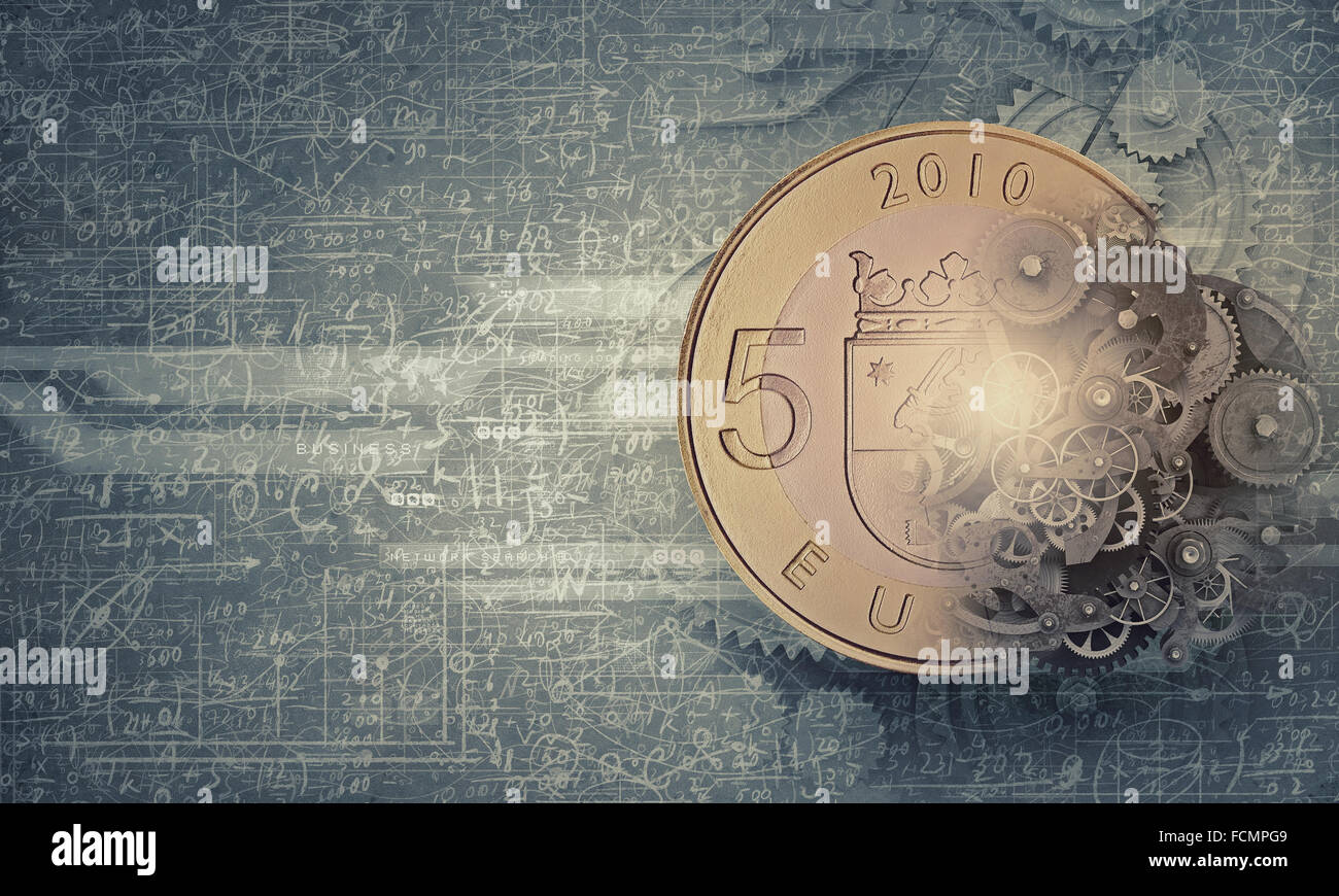 Euro 5 coin and cogwheels on digital background Stock Photo - Alamy