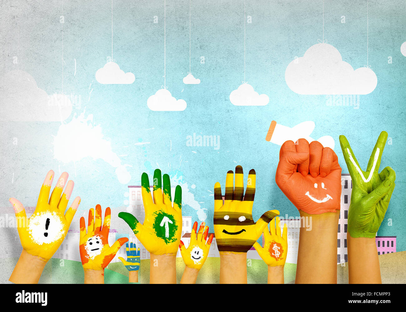 Human hands in colorful paint showing symbols Stock Photo - Alamy
