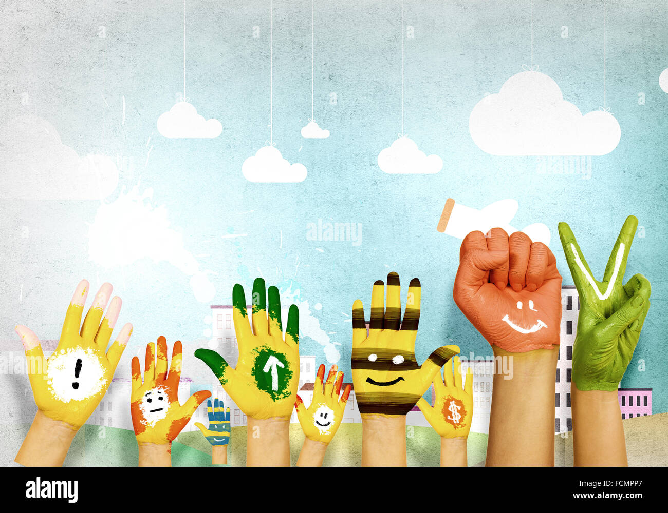 Human hands in colorful paint showing symbols Stock Photo - Alamy