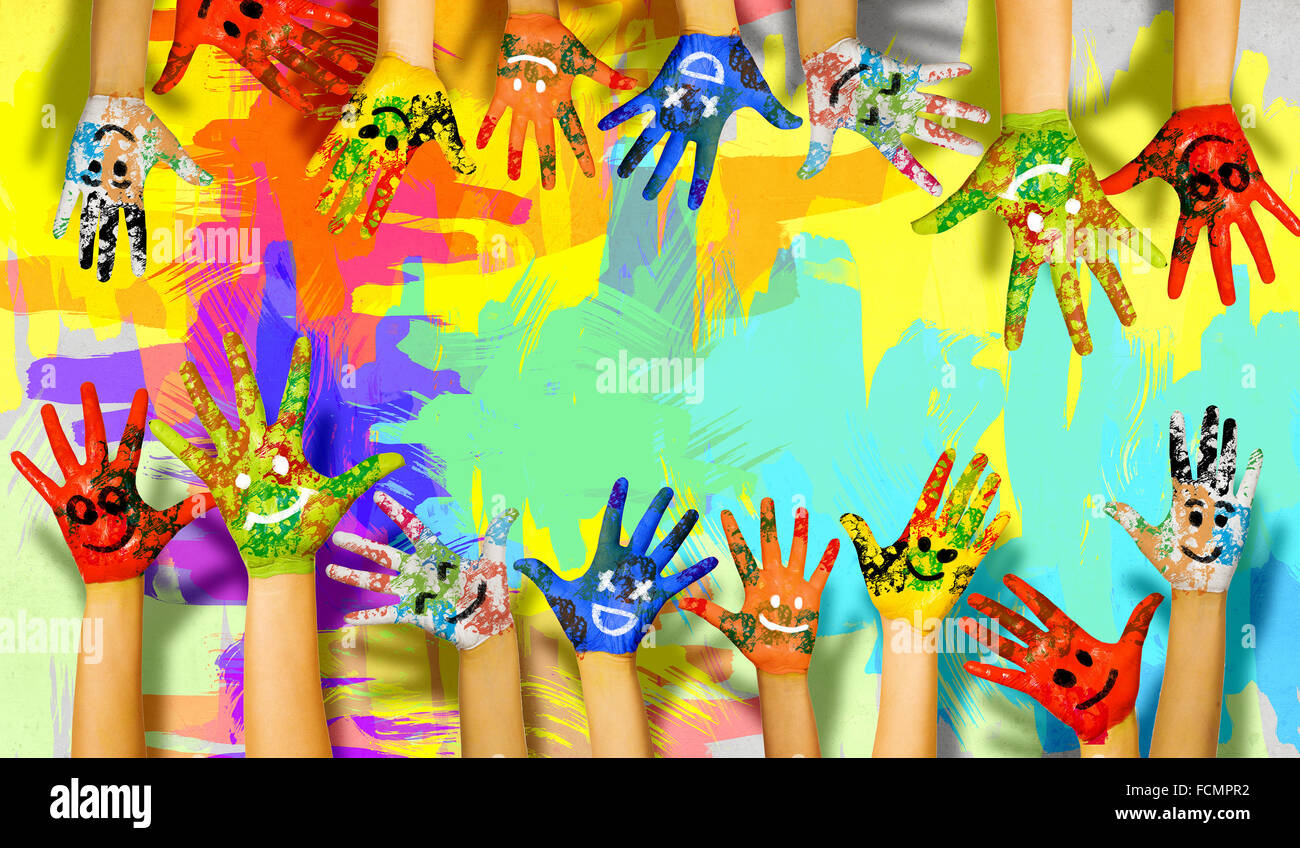 Human hands in colorful paint showing symbols Stock Photo - Alamy