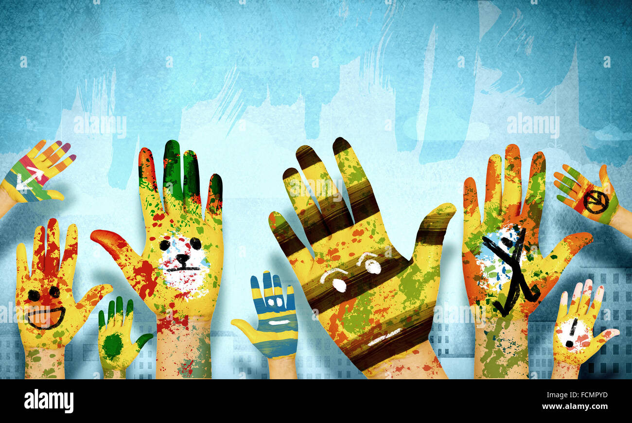 Human hands in colorful paint showing symbols Stock Photo - Alamy