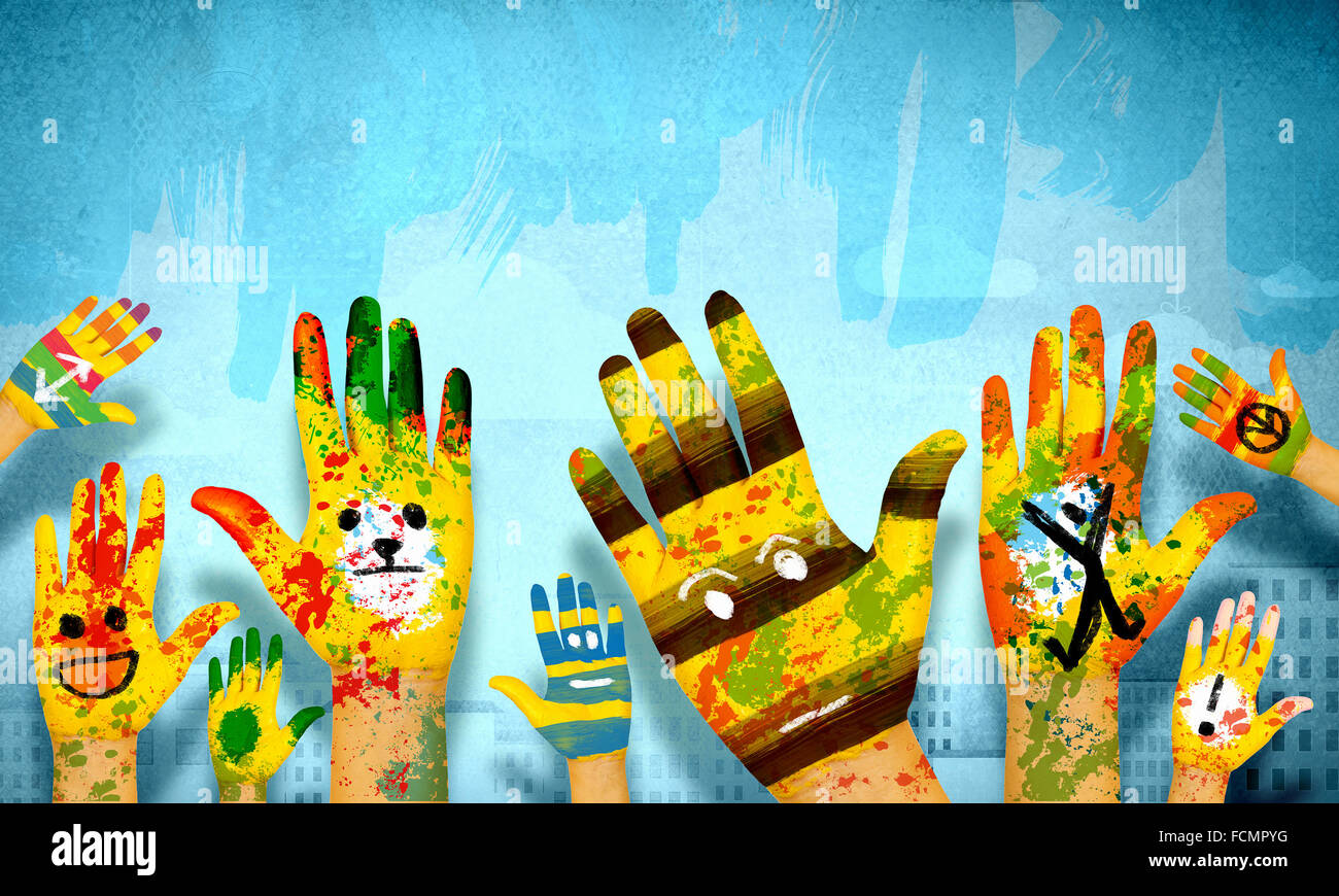 Human hands in colorful paint showing symbols Stock Photo - Alamy