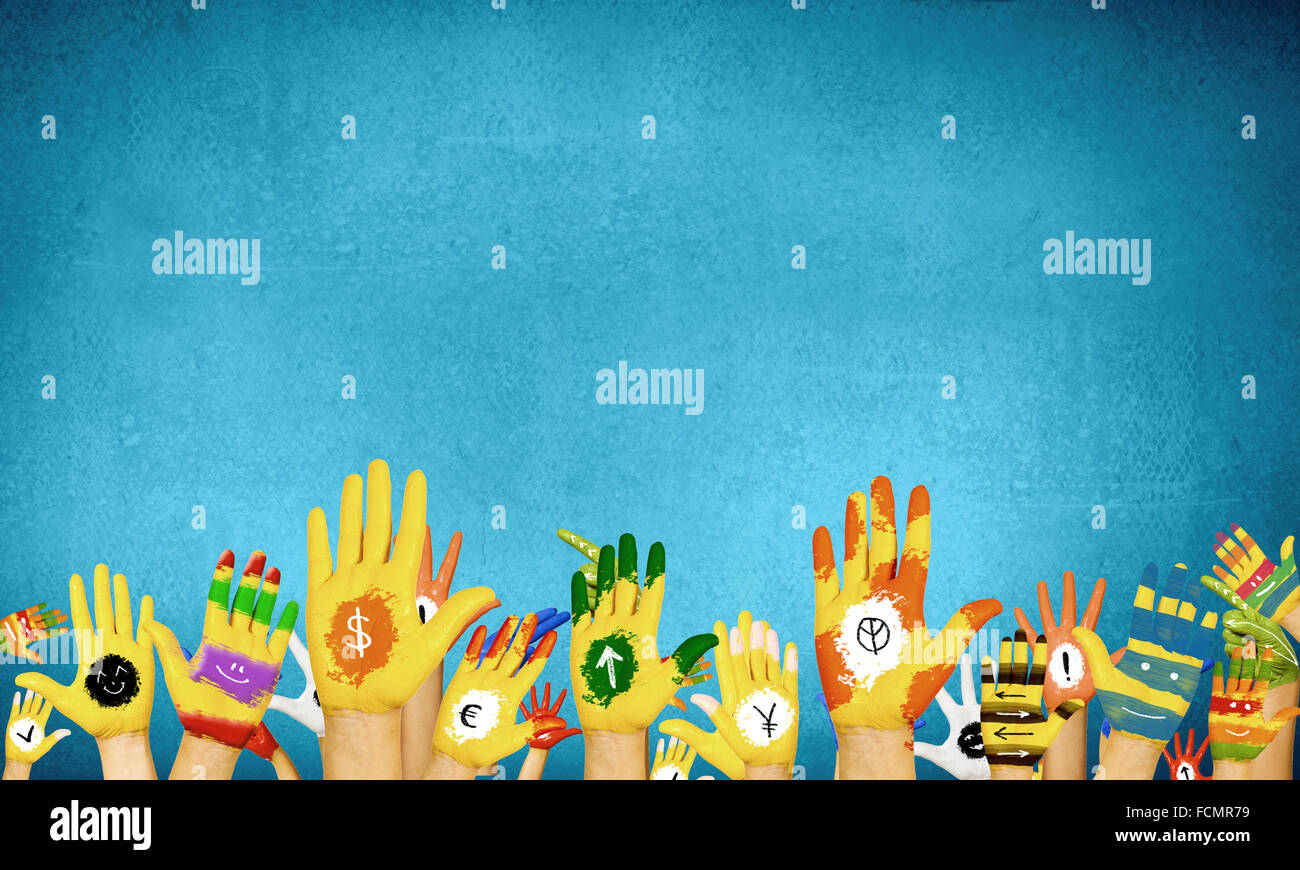 Human hands in colorful paint showing symbols Stock Photo - Alamy
