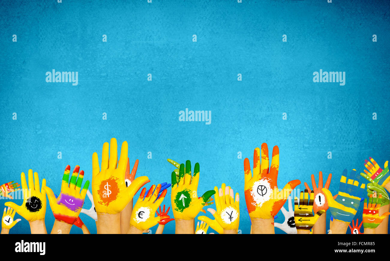 Human hands in colorful paint showing symbols Stock Photo - Alamy