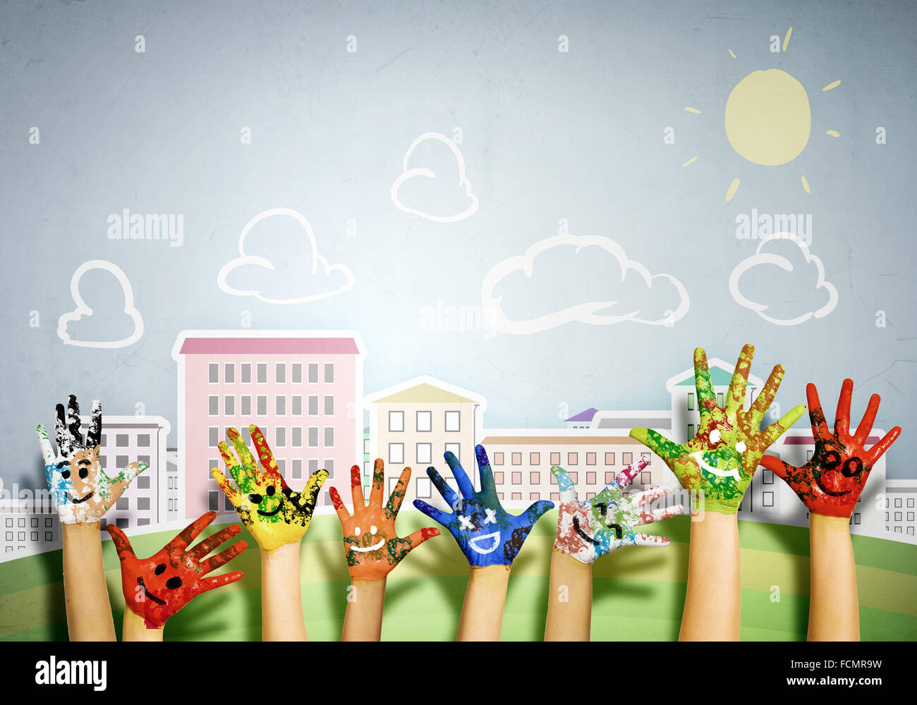 Human hands in colorful paint showing symbols Stock Photo - Alamy