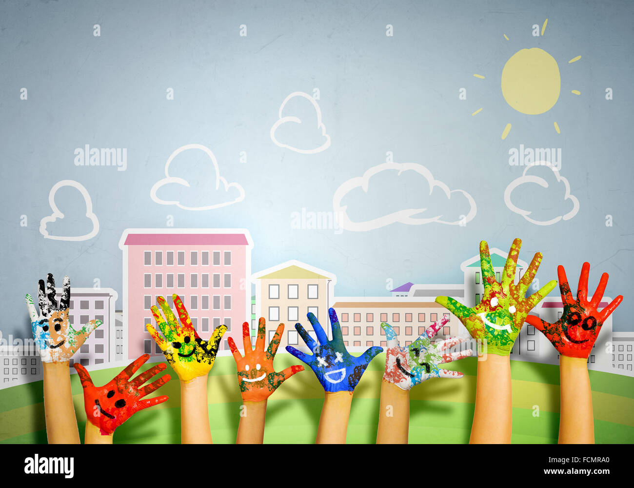 Human hands in colorful paint showing symbols Stock Photo - Alamy