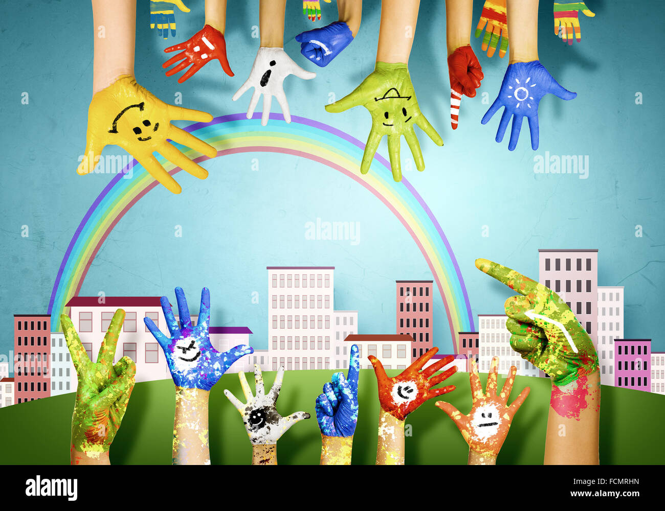 Human hands in colorful paint showing symbols Stock Photo - Alamy