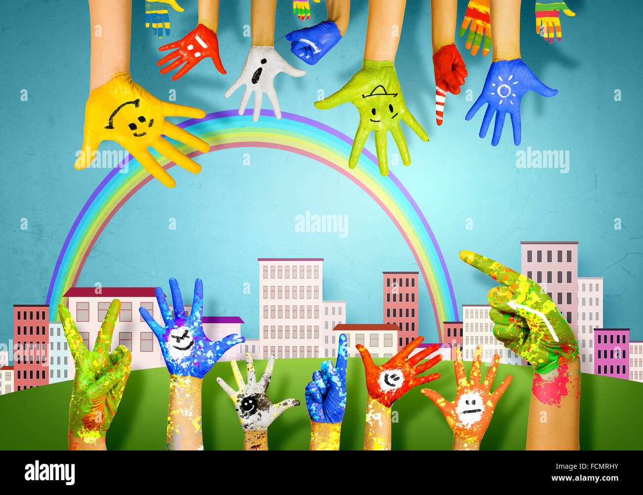Human hands in colorful paint showing symbols Stock Photo - Alamy