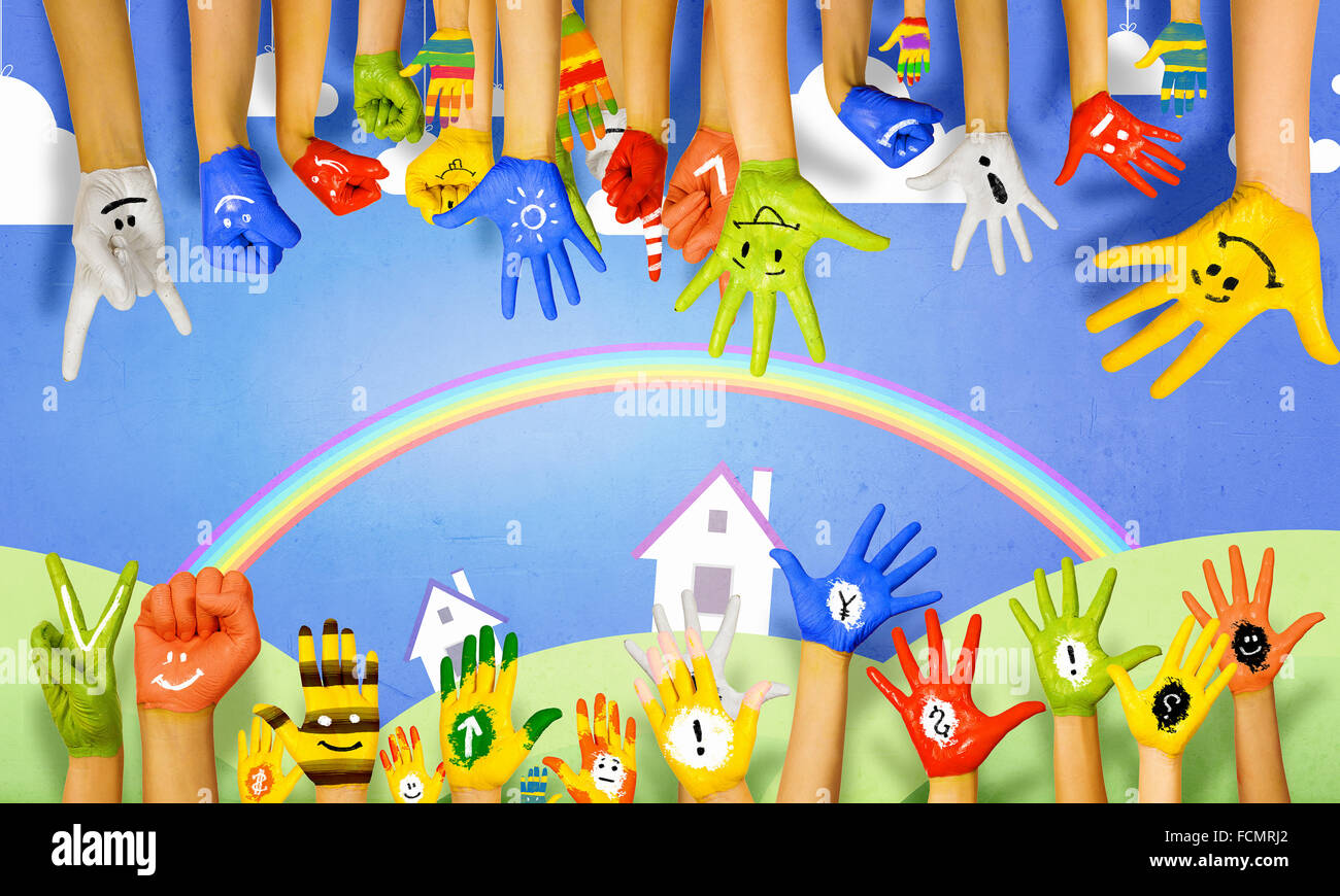 Human hands in colorful paint showing symbols Stock Photo - Alamy