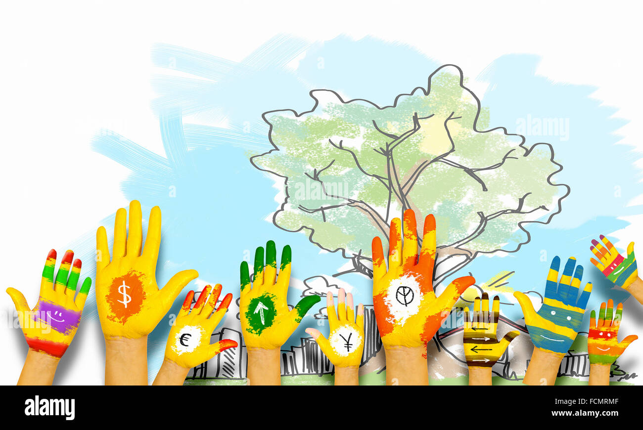 Human hands in colorful paint showing symbols Stock Photo - Alamy