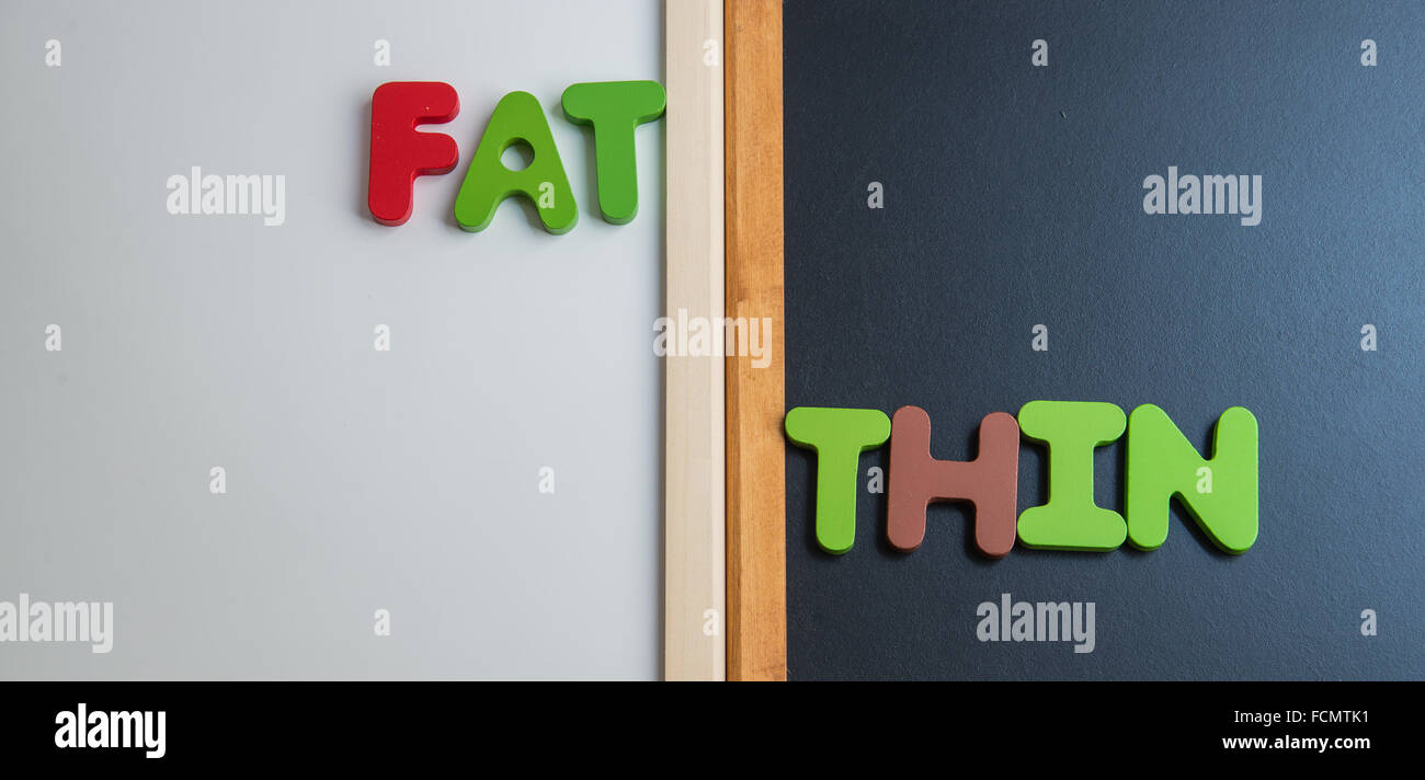 Wooden word FAT and THIN on black board and white board Stock Photo - Alamy