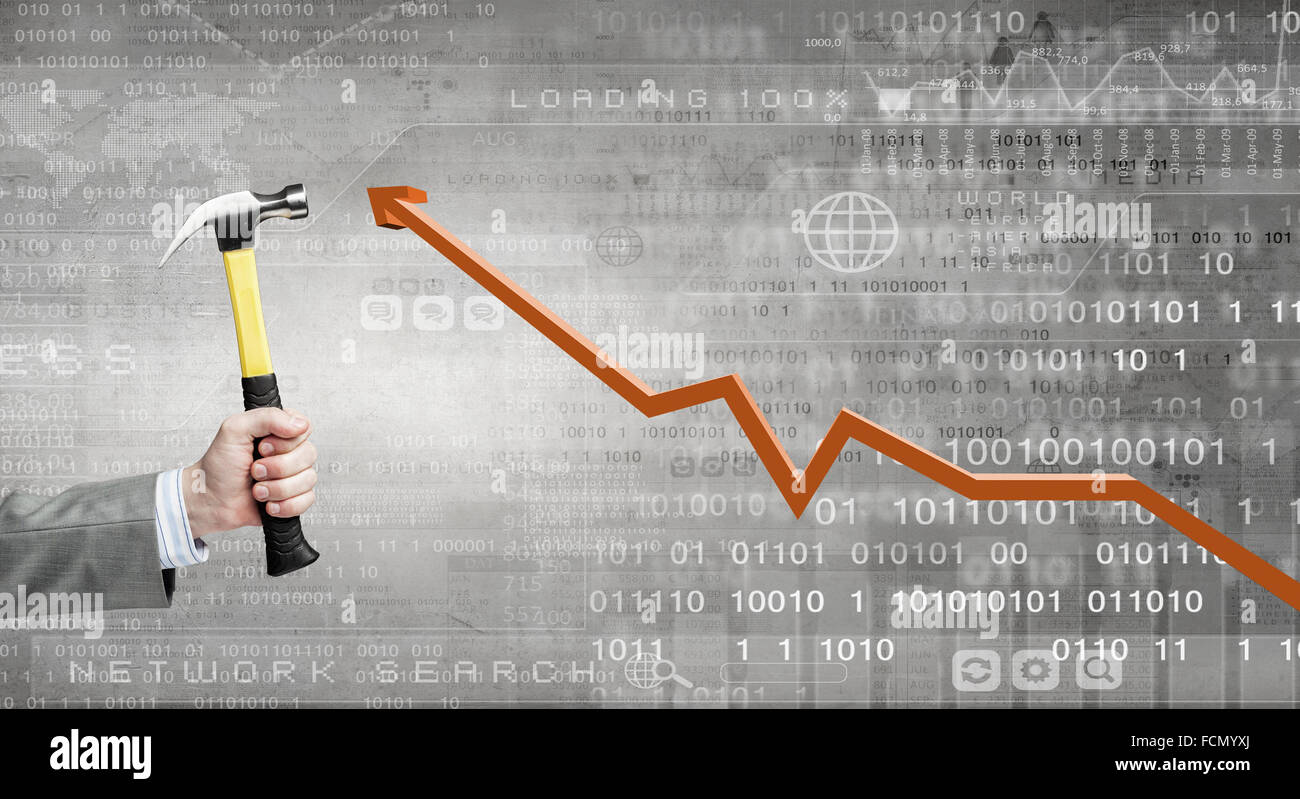 Close up of hammer in human hand breaking increasing graph Stock Photo ...
