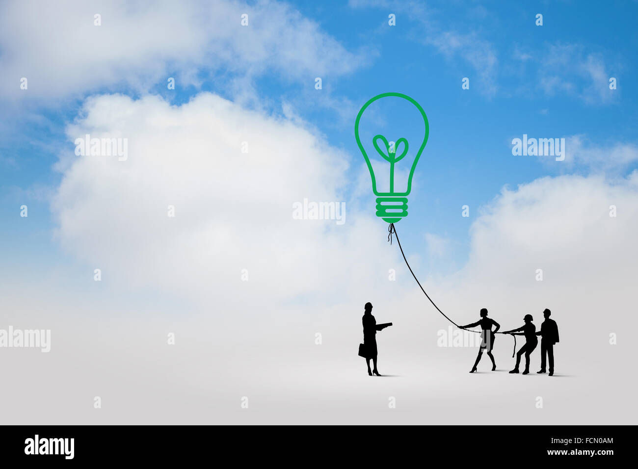 Little silhouettes of people pulling light bulb on rope Stock Photo - Alamy
