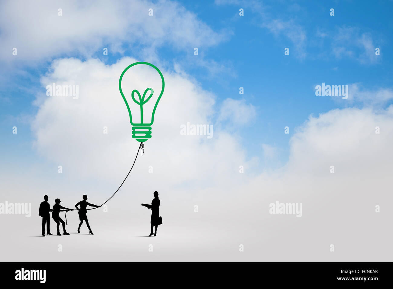 Little silhouettes of people pulling light bulb on rope Stock Photo - Alamy