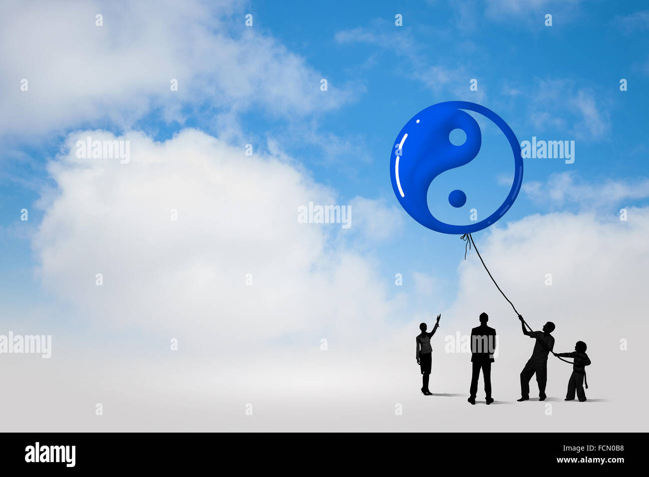 Little silhouettes of people pulling balloon with rope Stock Photo - Alamy