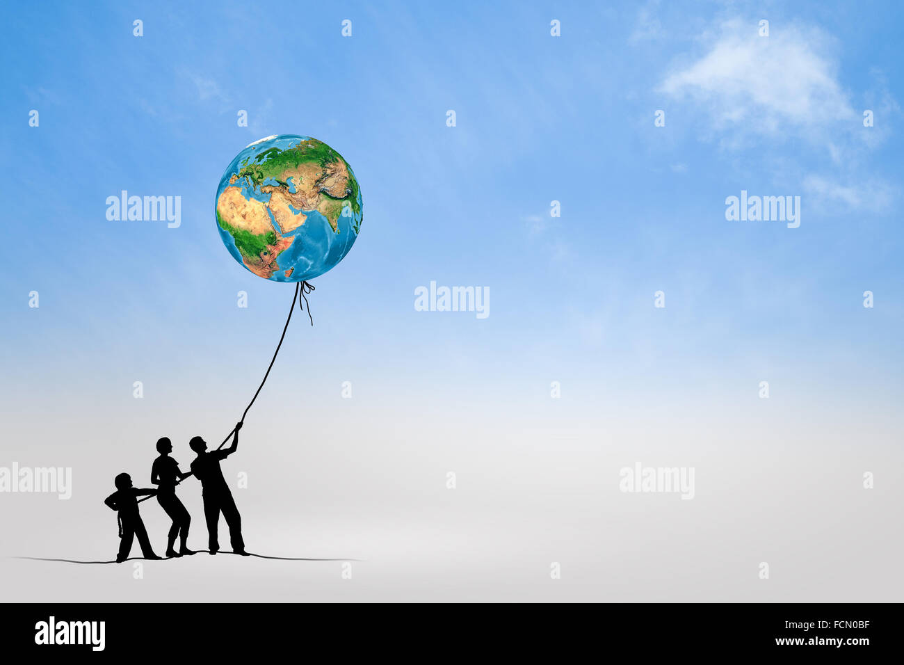 Silhouettes of people pulling Earth plane with rope. Elements of this ...
