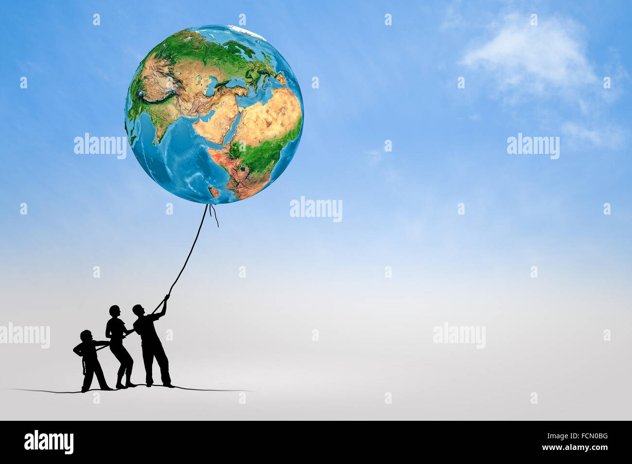 Silhouettes of people pulling Earth plane with rope. Elements of this ...