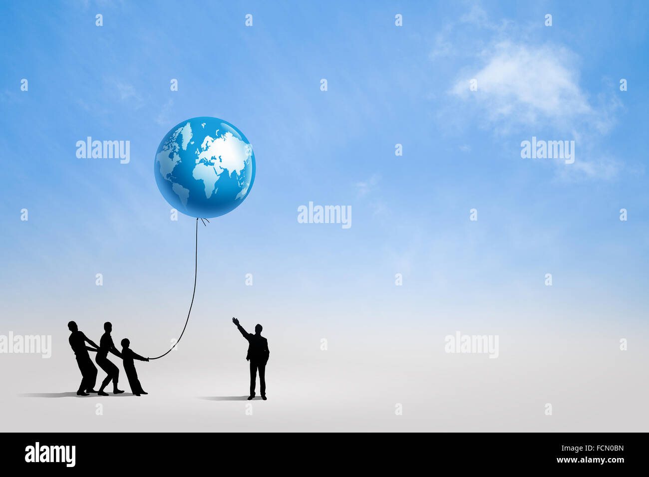 Silhouettes of people pulling Earth plane with rope Stock Photo - Alamy
