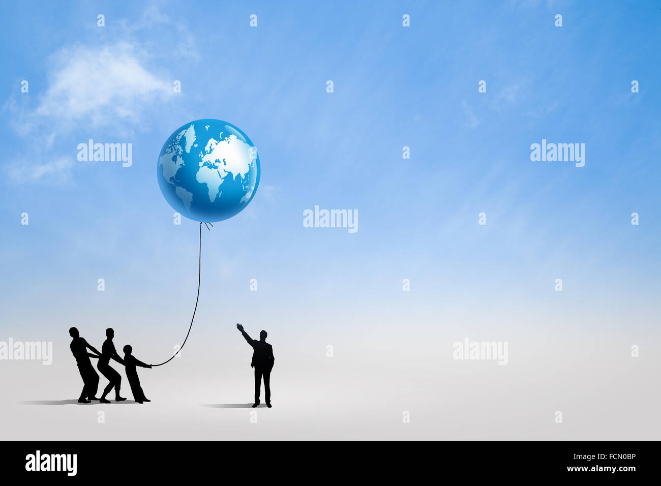 Silhouettes of people pulling Earth plane with rope Stock Photo - Alamy