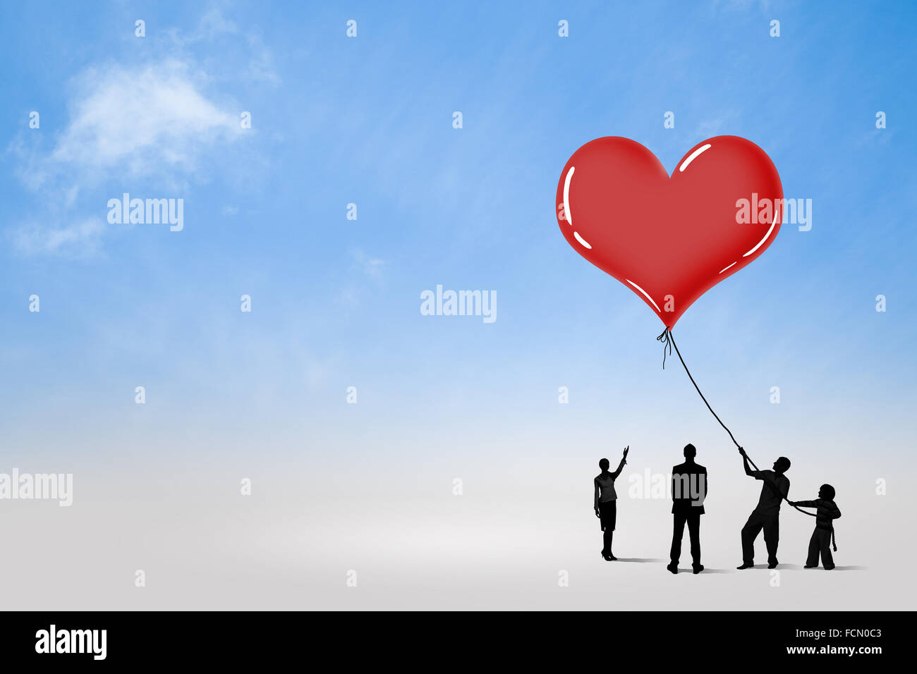 Little silhouettes of people pulling rope with balloon Stock Photo - Alamy