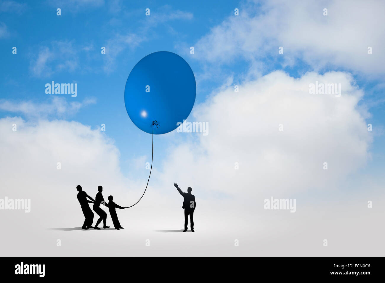 Little silhouettes of people pulling rope with balloon Stock Photo - Alamy