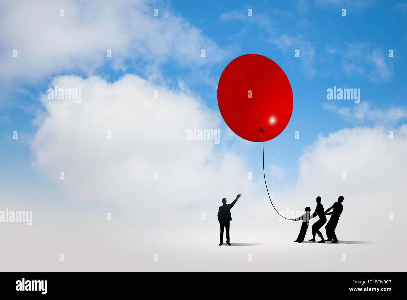 Little silhouettes of people pulling rope with balloon Stock Photo - Alamy