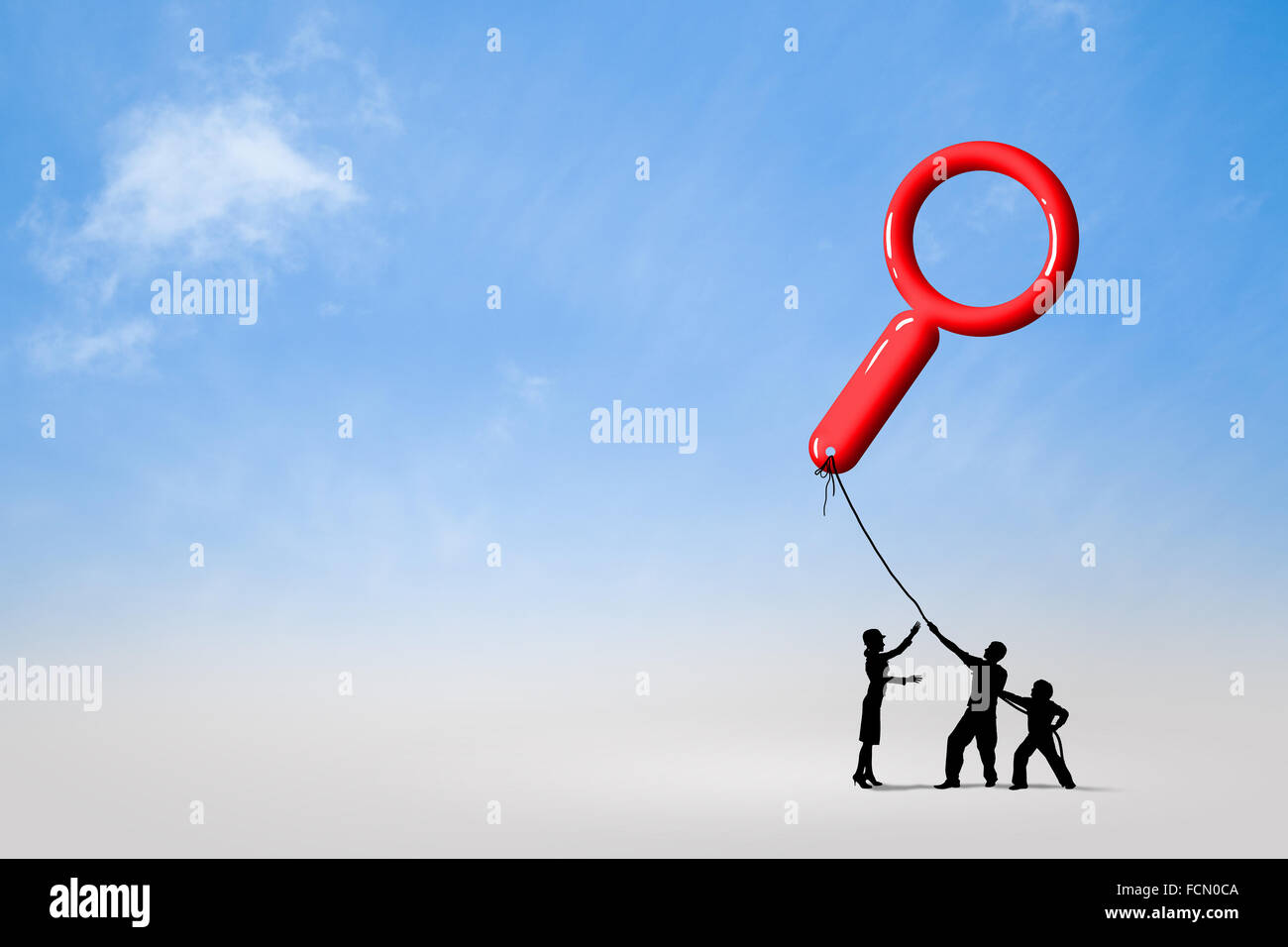 Little silhouettes of people pulling rope with balloon Stock Photo - Alamy