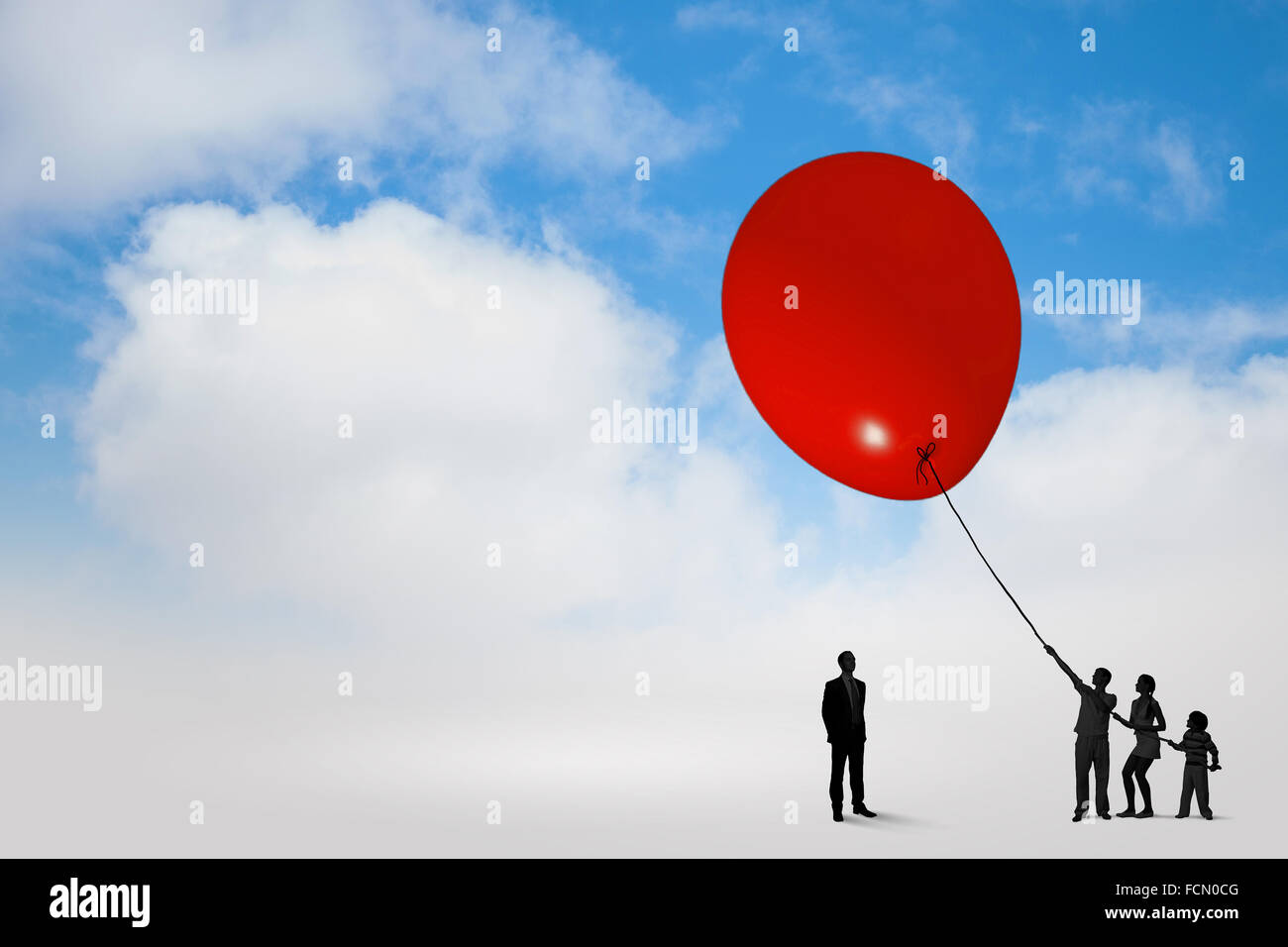 Little silhouettes of people pulling rope with balloon Stock Photo - Alamy