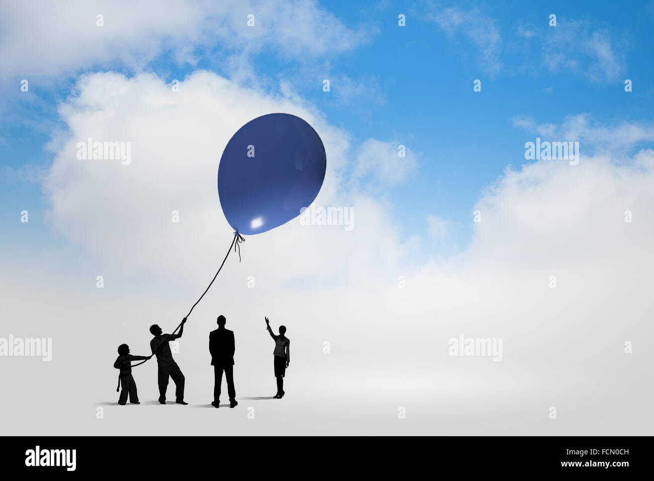 Little silhouettes of people pulling rope with balloon Stock Photo - Alamy