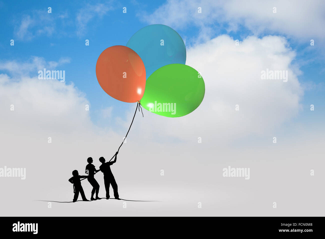 Little silhouettes of people pulling rope with balloon Stock Photo - Alamy