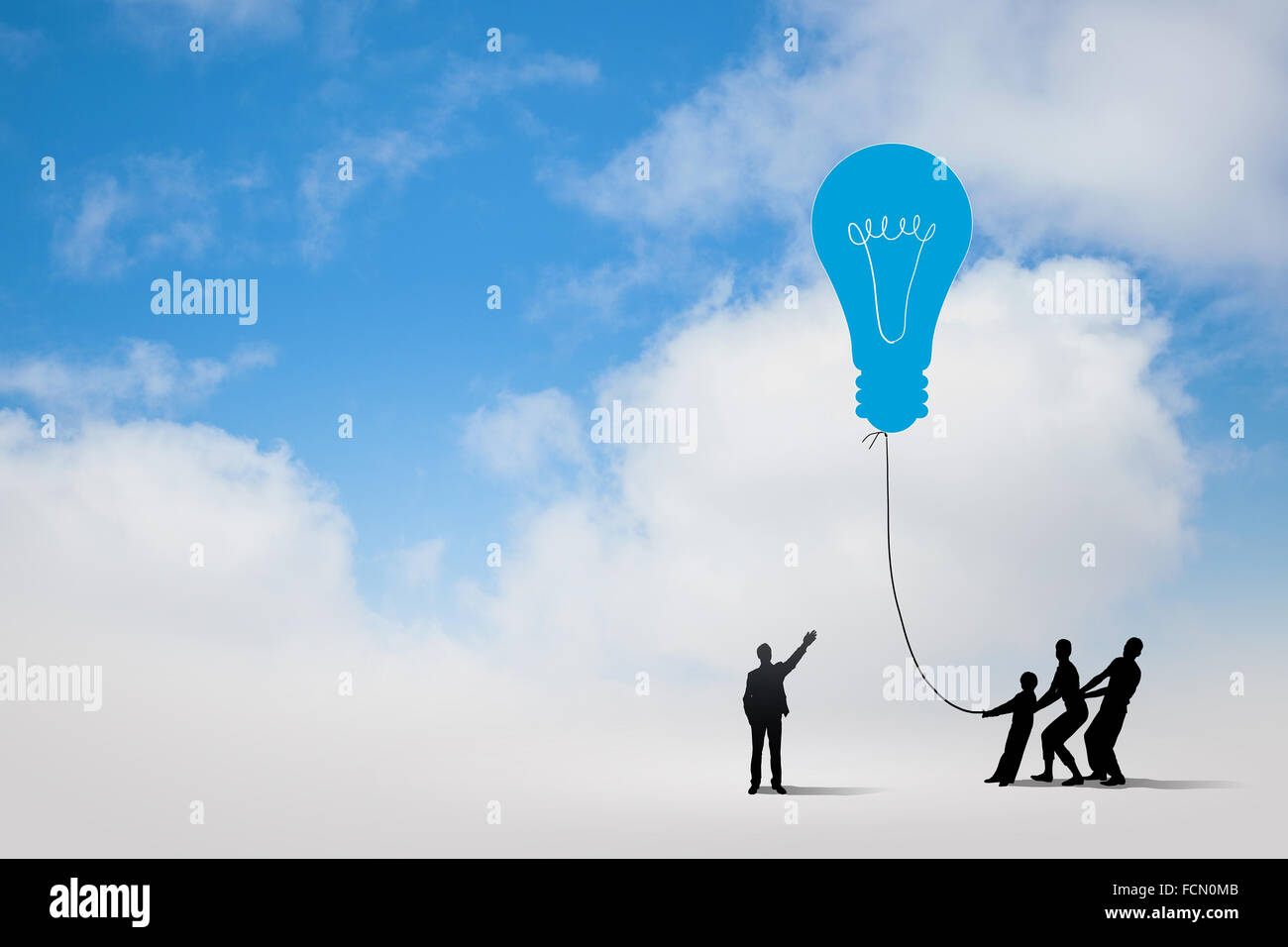 Little silhouettes of people pulling light bulb on rope Stock Photo - Alamy