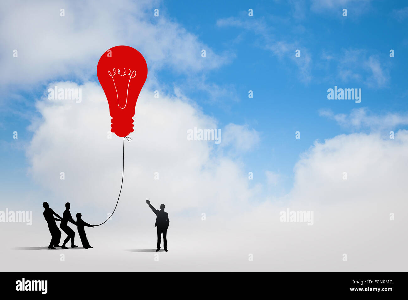 Little silhouettes of people pulling light bulb on rope Stock Photo - Alamy