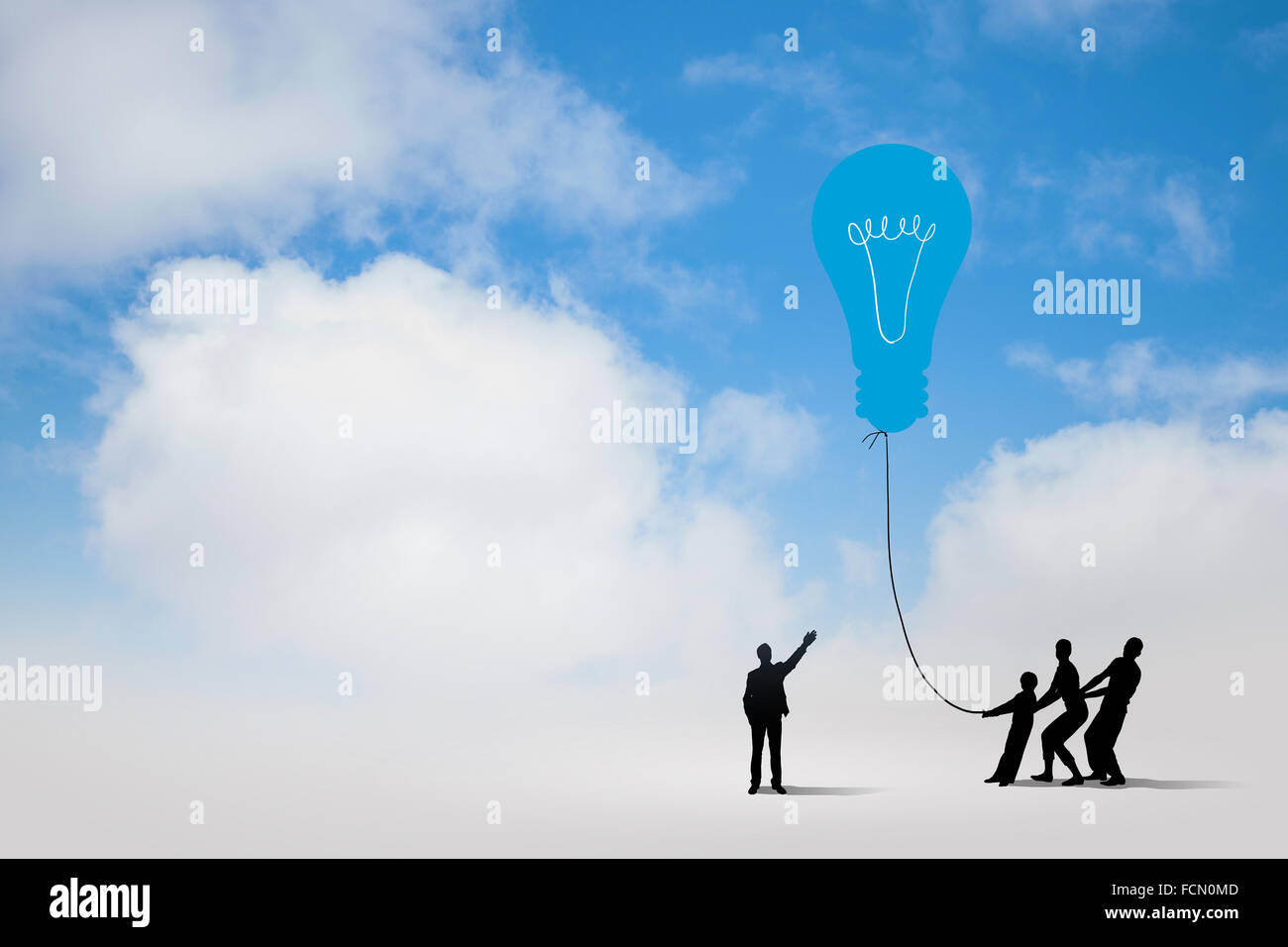 Little silhouettes of people pulling light bulb on rope Stock Photo - Alamy