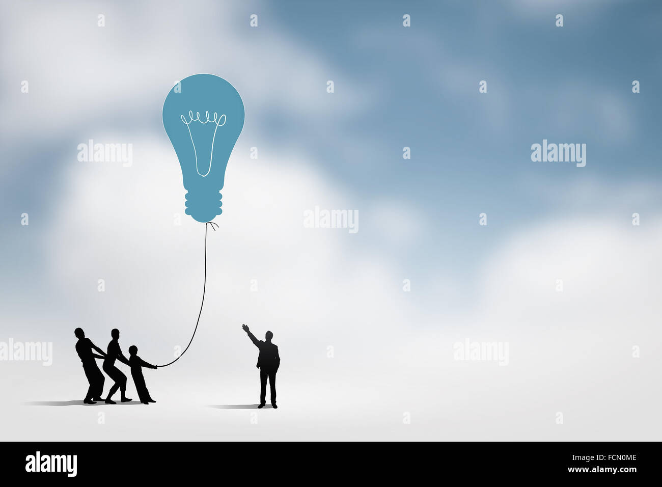 Little silhouettes of people pulling light bulb on rope Stock Photo - Alamy