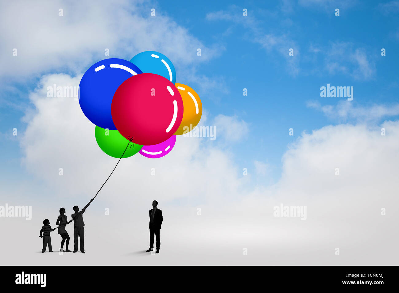Little silhouettes of people pulling rope with balloon Stock Photo - Alamy