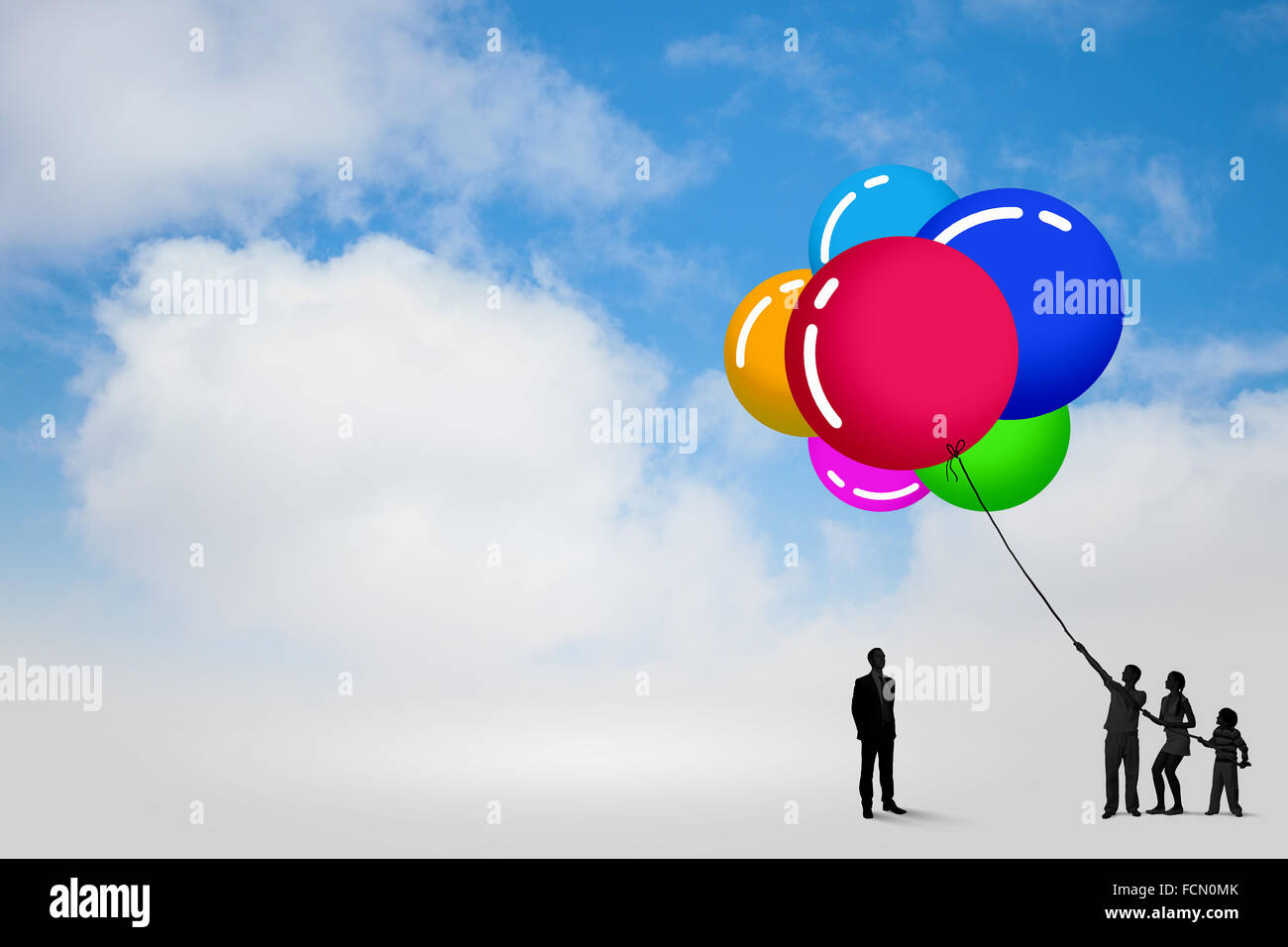 Little silhouettes of people pulling rope with balloon Stock Photo - Alamy