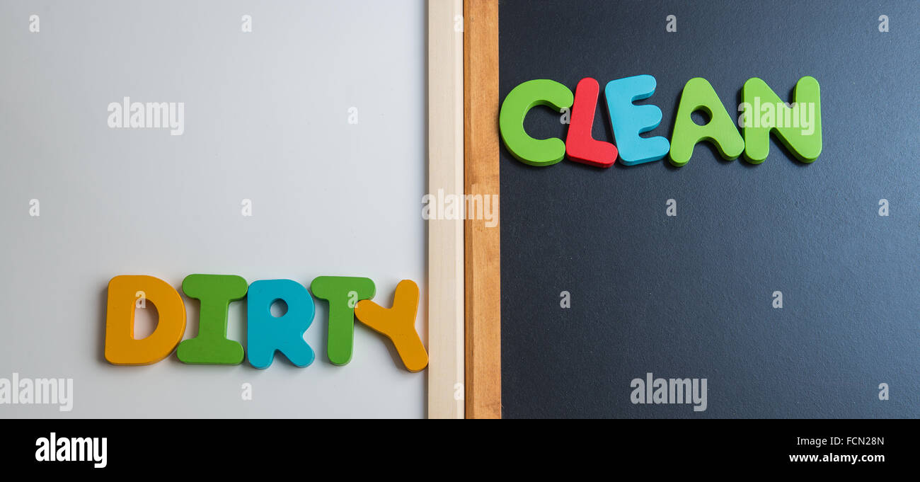 Wooden word DIRTY and CLEAN on black board and white board Stock Photo ...