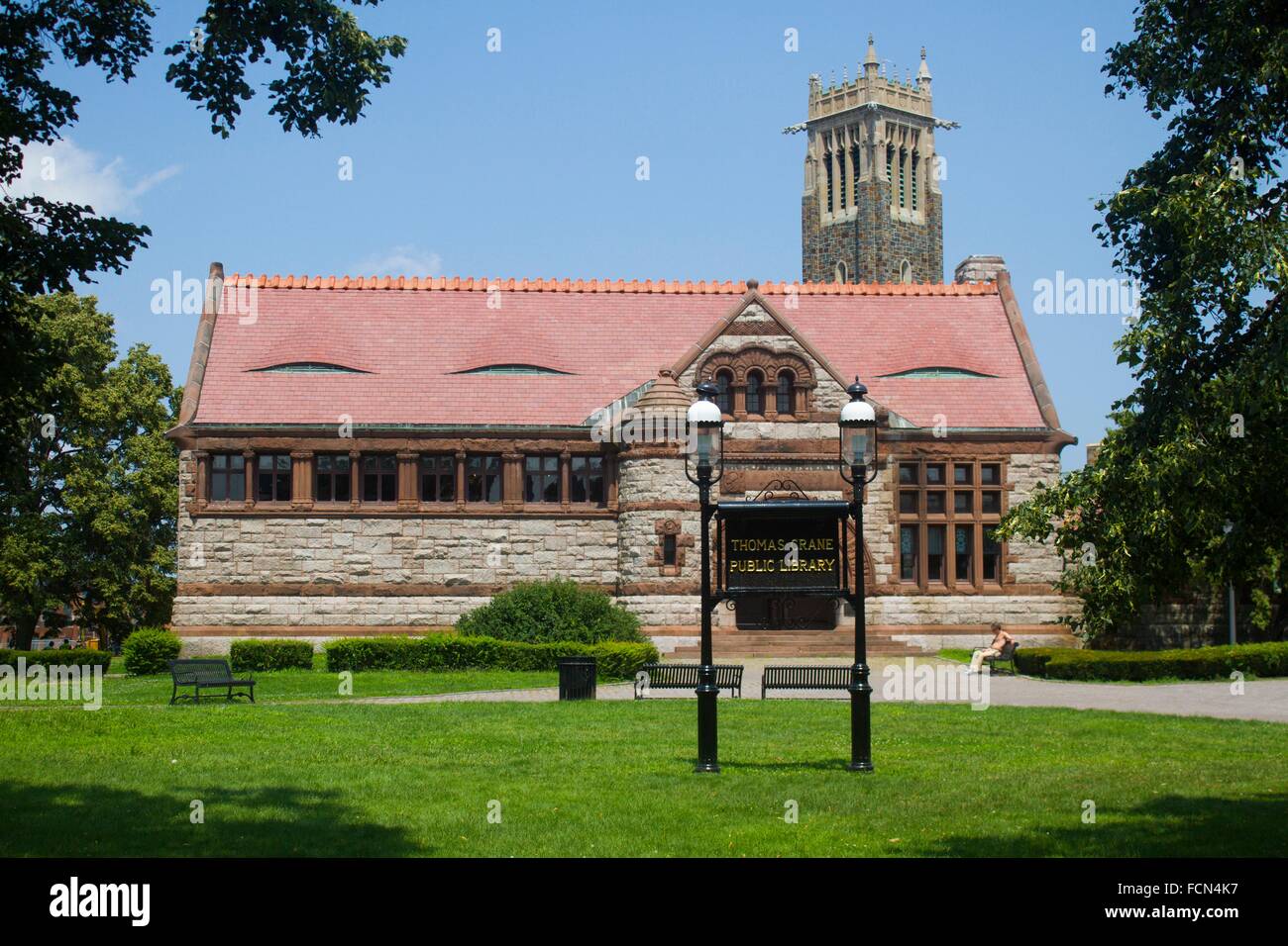 Front full view of The Thomas Crane Public Library. It is a city library in Quincy ...