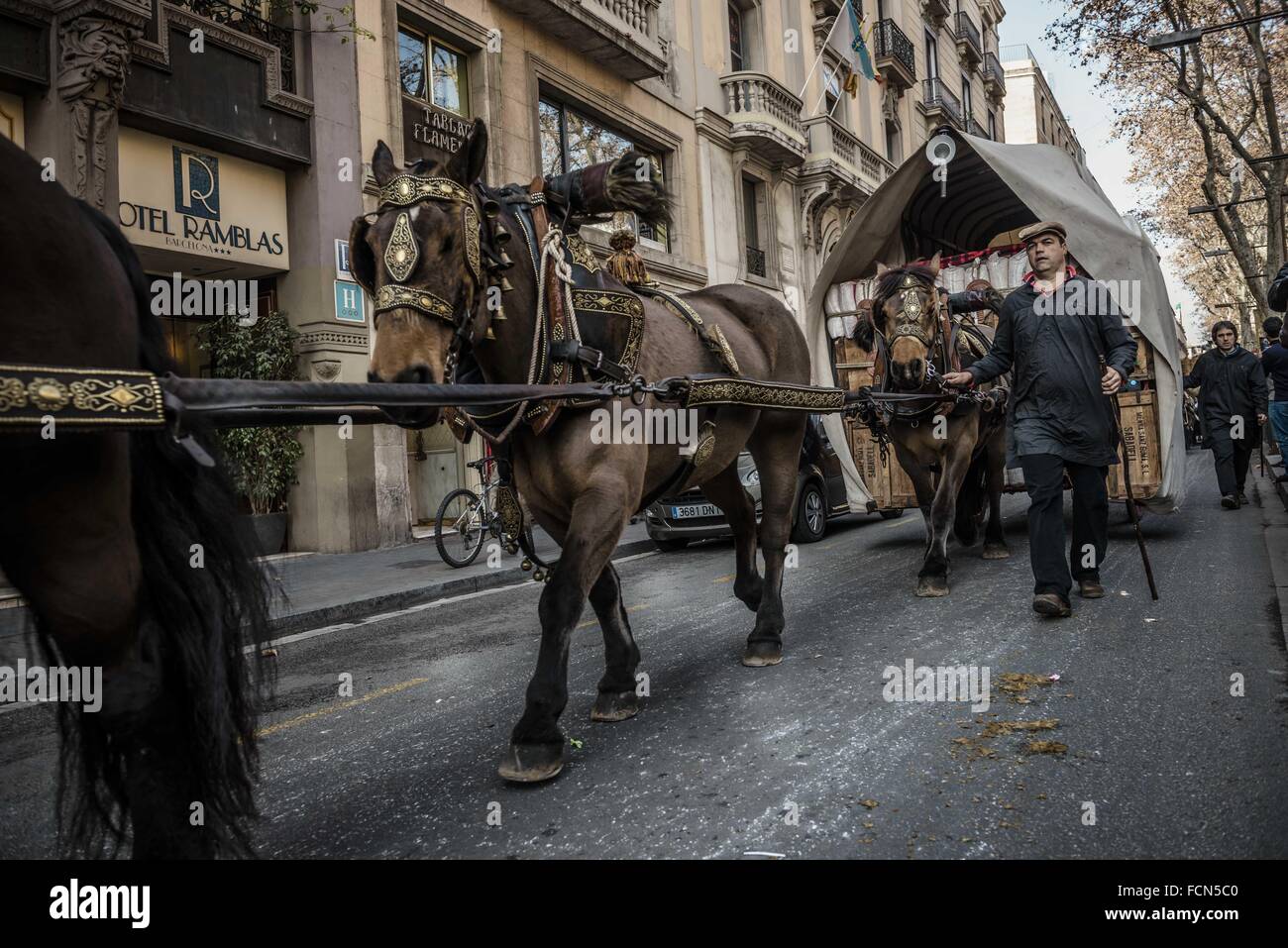 Barcelona, Catalonia, Spain. 23rd Jan, 2016. Traditional horse-drawn ...