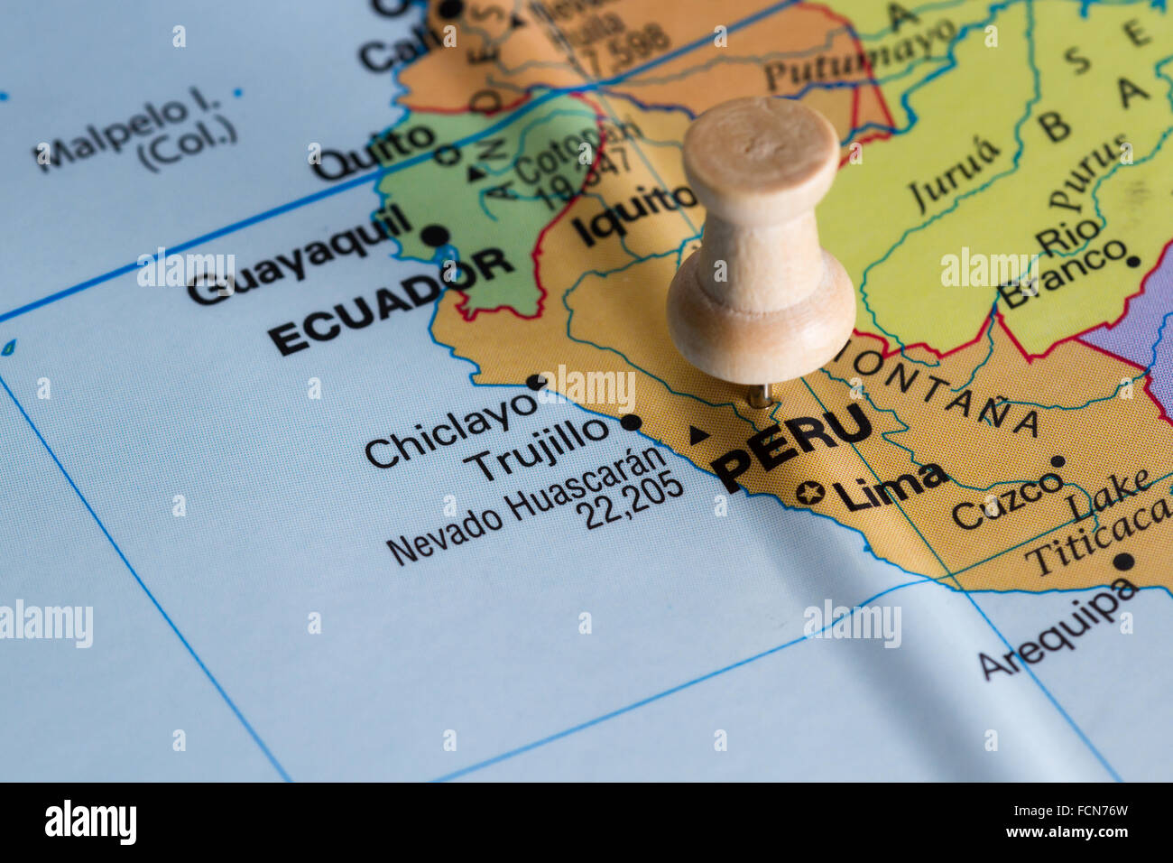 close up of the country of Peru viewed on a wold map as a travel ...